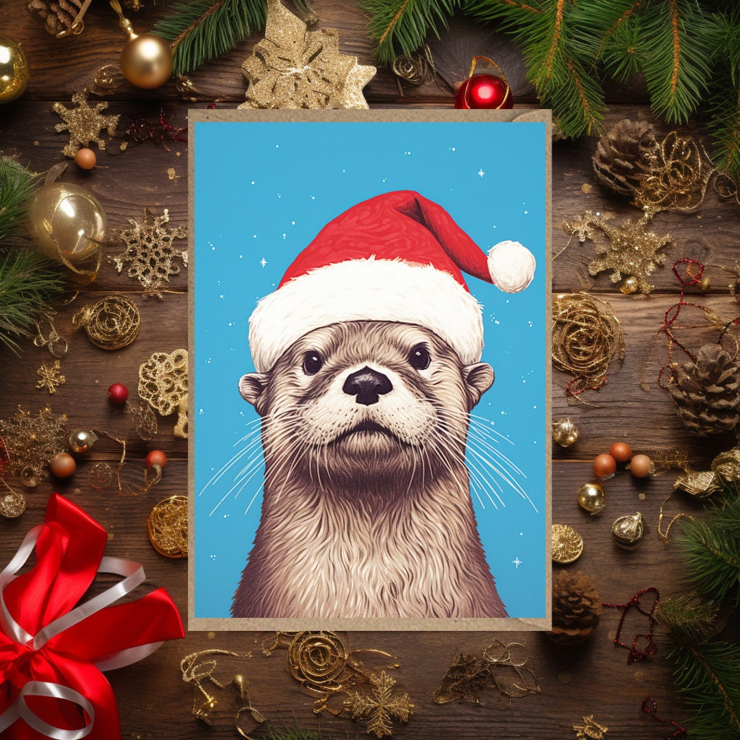 Otter Christmas Card Santa Hat for Her for Him for Child Pastel Colours ...