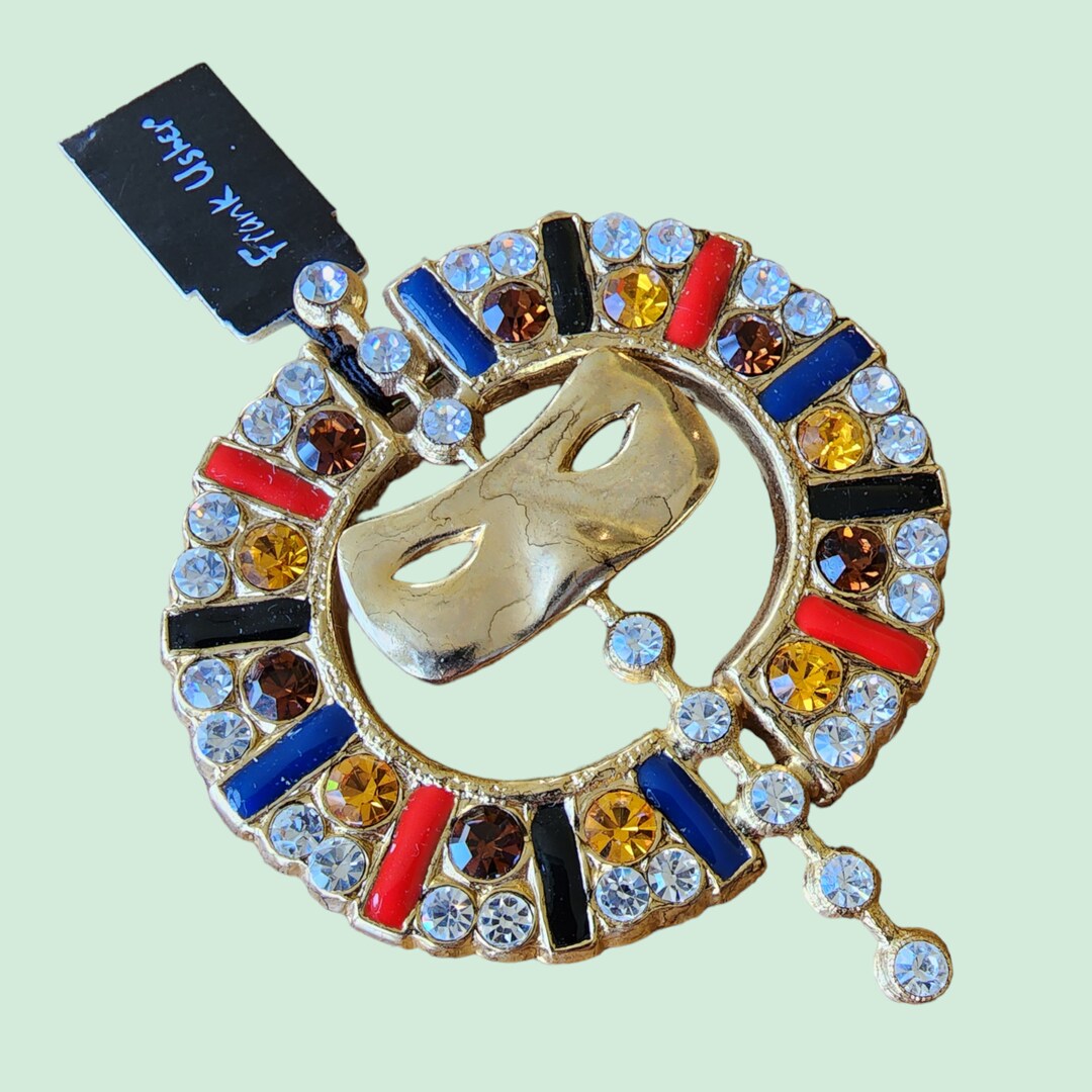 Vintage Brooch - Vintage 1980's Gold-plated Frank Usher Crystal Mask ...
