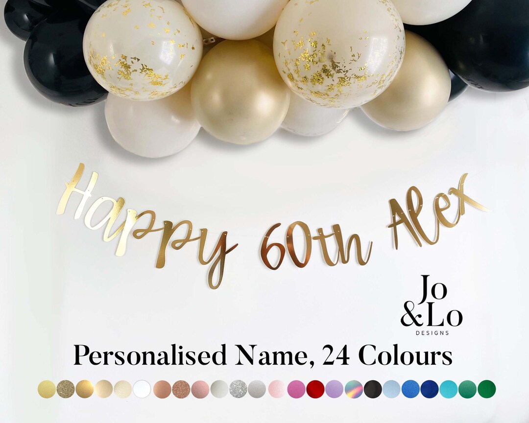 Personalised 60th Birthday Banner: Gold Party Decoration, Any Age, 24 ...