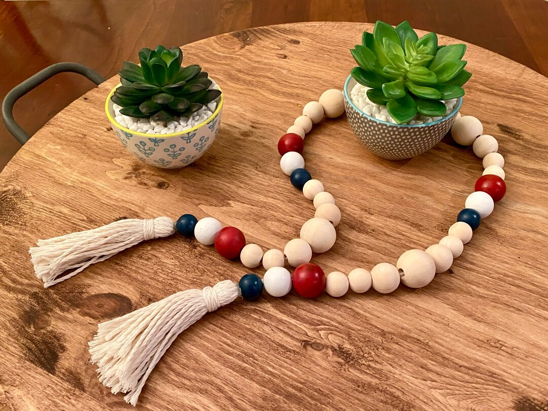 Farmhouse Wood Bead Garland, Natural Color Beads With Red, White & Blue ...