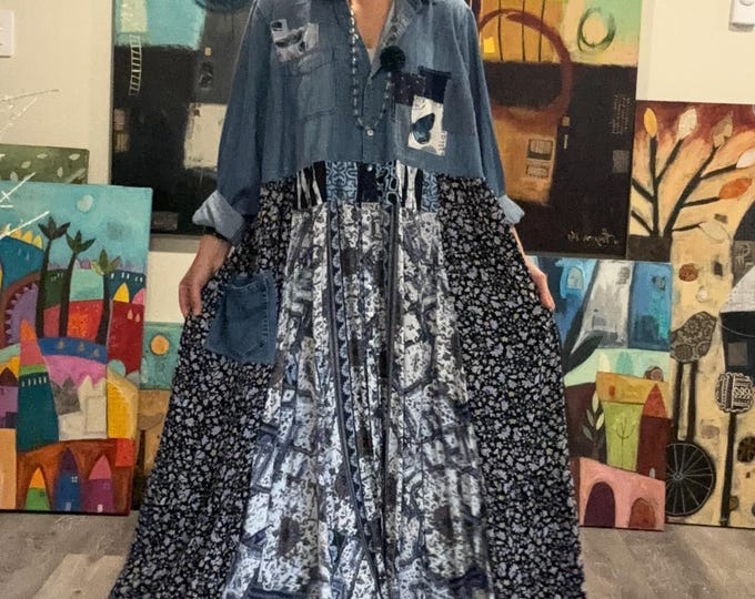 Up-cycled Boho Duster- Dress ' Mona' L-2X, Blue Denim Patchwork Long ...