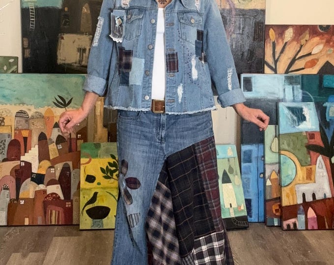 Boho Fun Denim Jacket 'olina' L, Whimsy Patched Jean Jacket, Farm Chic ...