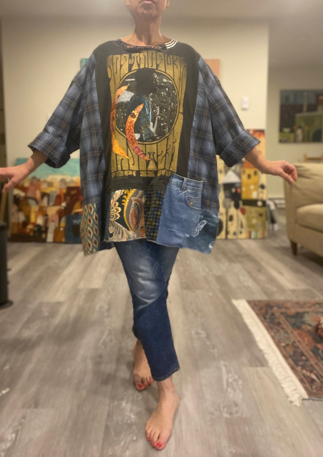 Up-cycled Funky Oversized Graphic Tunic 'shira', Moon Patched Jimi Hendrix Print Top. - Etsy