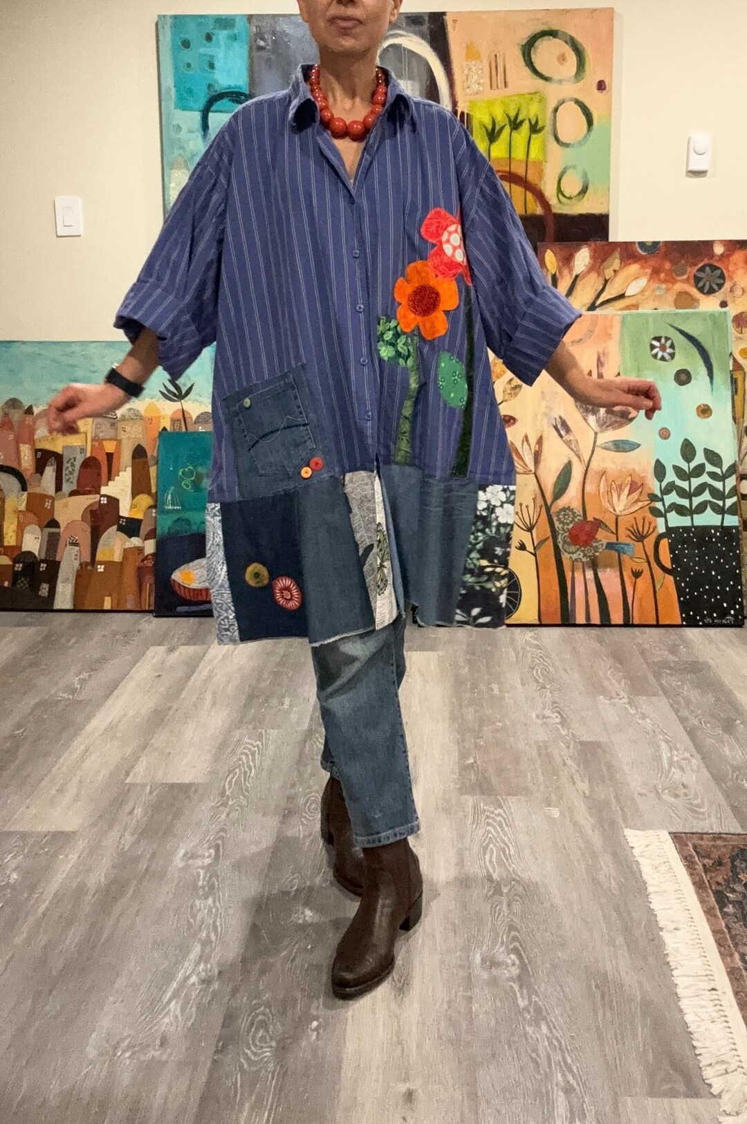 Up-cycled Boho Cotton Blue Duster Tunic 'ilaniti' L-2X, Boho Patchwork ...