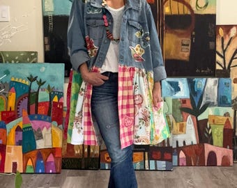Up-cycled Boho Patchwork Denim Duster 'lisa' L-XL, Hippie Flowers ...
