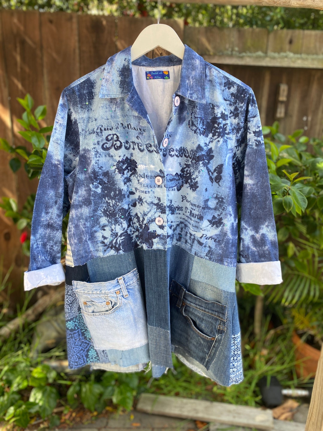 Up-cycled Denim Patched Jacket ' Eden' 2X, Patchwork Blue Duster, Boho ...