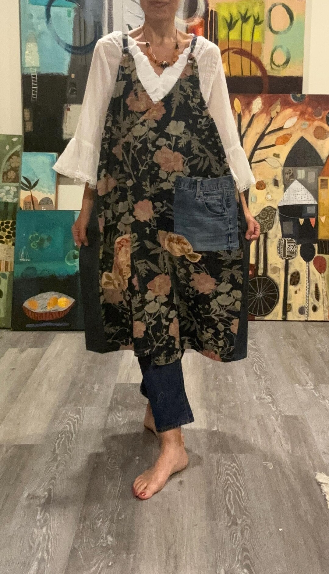 Denim Floral Overalls Dress 'shilo'' L-1X, Denim Patched Pinafore ...