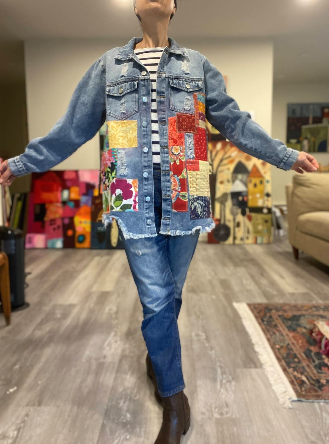 Up-cycled Patched Distress Denim Jacket 'sarah' M-XL, Hippie Patched ...