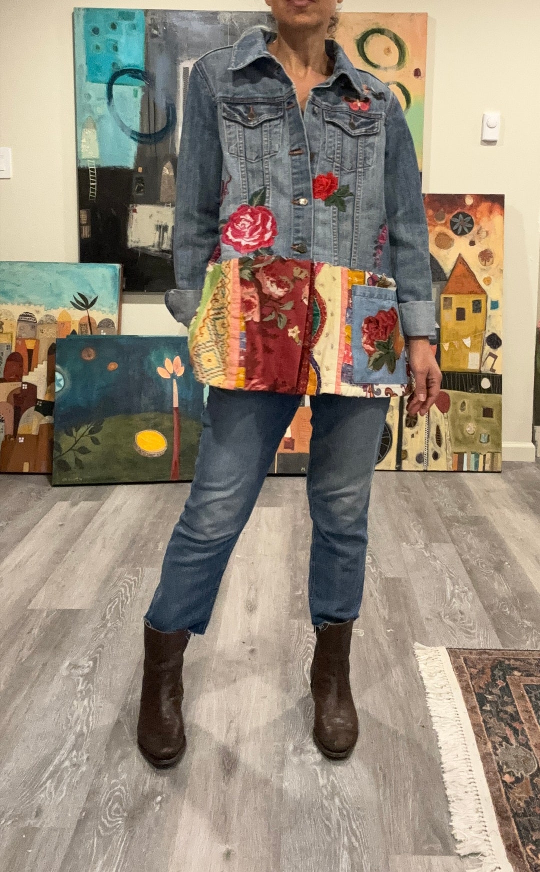 Up-cycled Boho Patchwork Denim Duster 'lisa' L-XL, Hippie Flowers ...