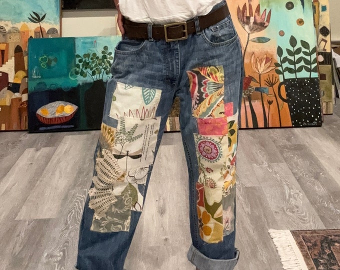Up-cycled Patched Jeans "dalit' Size 35/30, Hippie Patched Jeans, Boho ...
