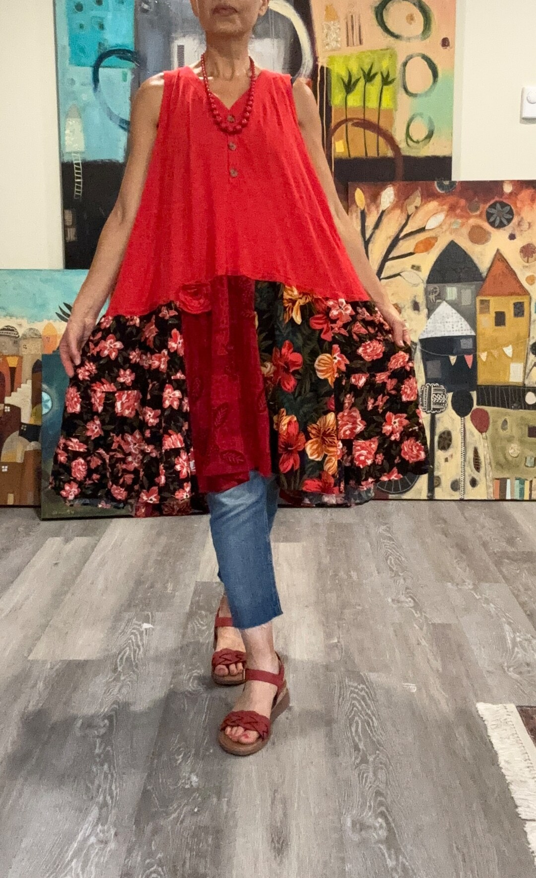 Up-cycled Sleeveless Red Tunic 'sonia'' L-XL, Floral Tank Tunic, Loose ...