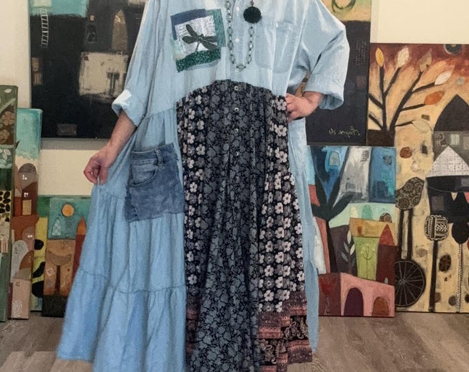 Up-cycled Boho Duster- Dress ' Milka' L-3X, Blue Denim Patchwork Long ...