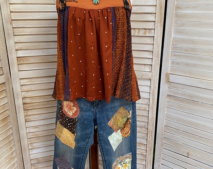 Boho Patched Up-cycled 7/8 Denim 'nas' Size 8, Hippie Recycled Stretch ...
