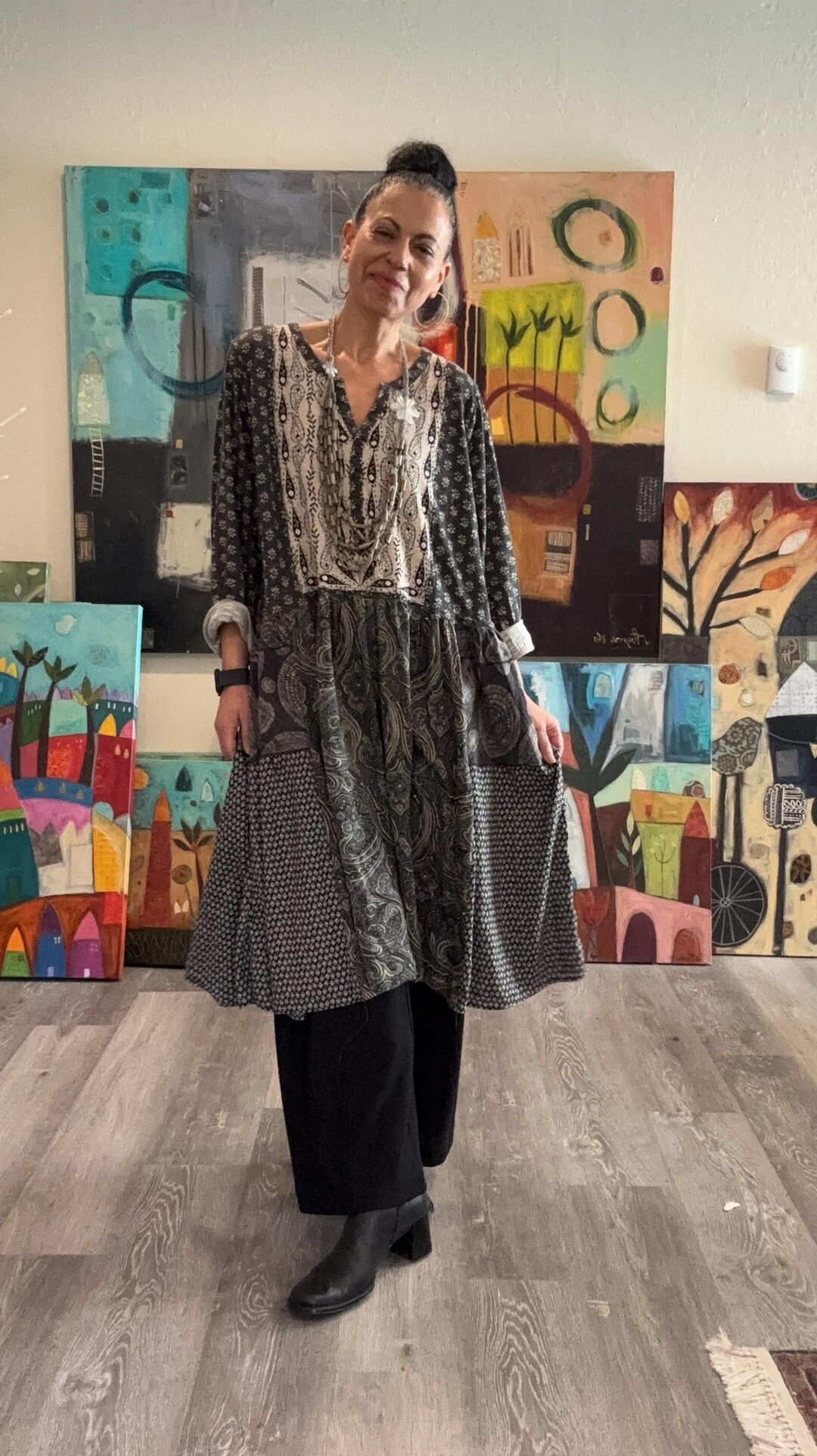 Boho Long Tunic Dress Efrat' L-2X, Patchwork Gray Top, Loose Comfy Boho ...