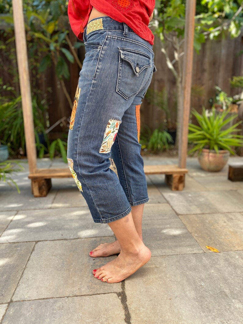Boho Patched Up-cycled 7/8 Denim 'nas' Size 8 Hippie | Etsy
