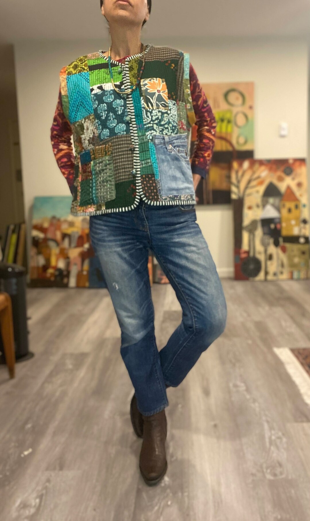 Up-cycled Patchwork Quilted Vest 'ornit' L-1X, Boho Cropped Patchwork ...