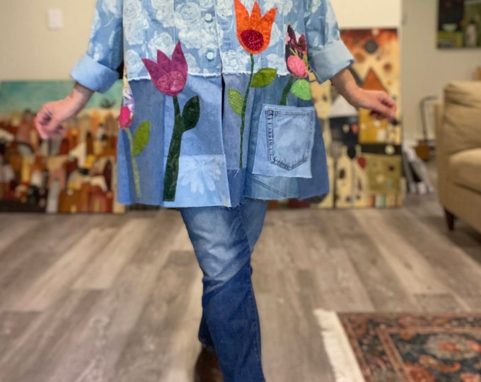 Up-cycled Boho Patched Oversized Jean Jacket 'pnina' L-2X, Boho Patched ...