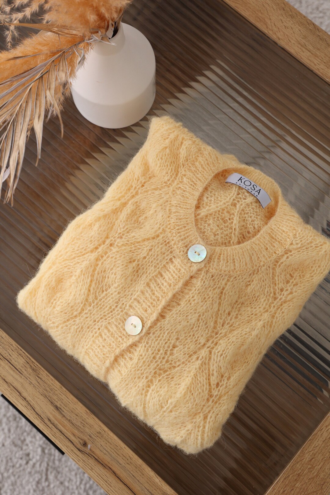 Yellow Alpaca Silk Woman Cardigan. Openwork Alpaca Woman Cardigan ...