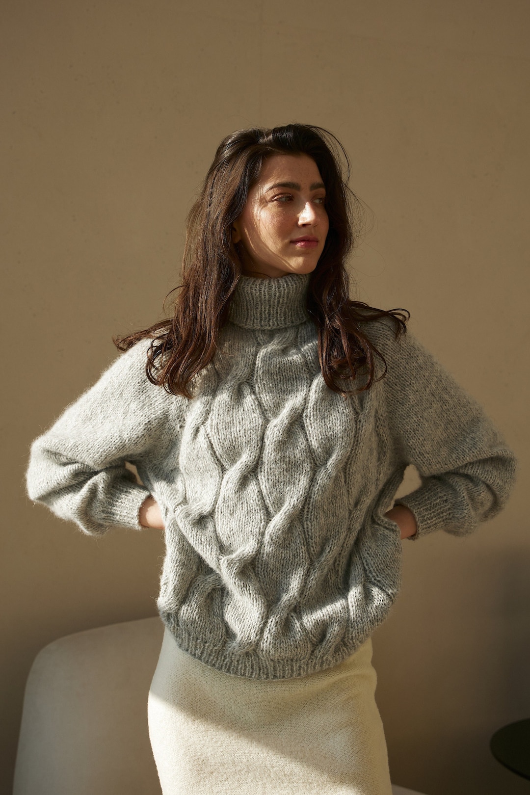 Gray Alpaca and Merino Wool Cable Woman Sweater. Alpaca Woman Sweater ...