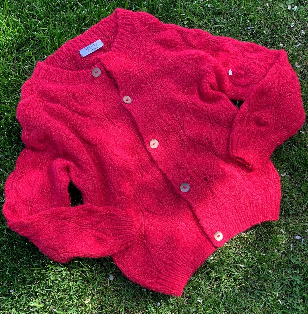 Red Alpaca Silk Woman Cardigan. Openwork Alpaca Woman Cardigan. Alpaca ...