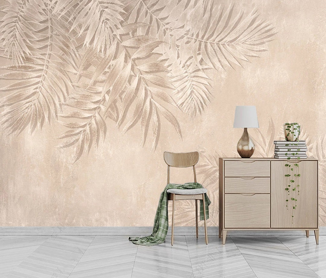 Neutral Palm Leaf Wallpaper: Soft Tropical Mural - Etsy
