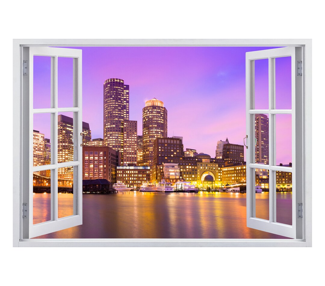 Boston Skyline Fake Window Wall Decal, Boston Harbor Cityscape Fake ...