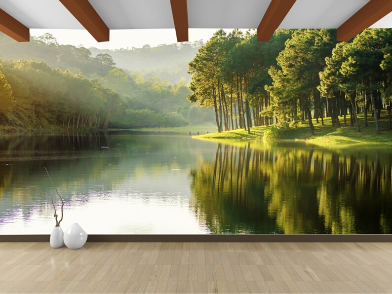 Wallpaper Lake and Forest Landscape Wall Art Wall Mural - Etsy
