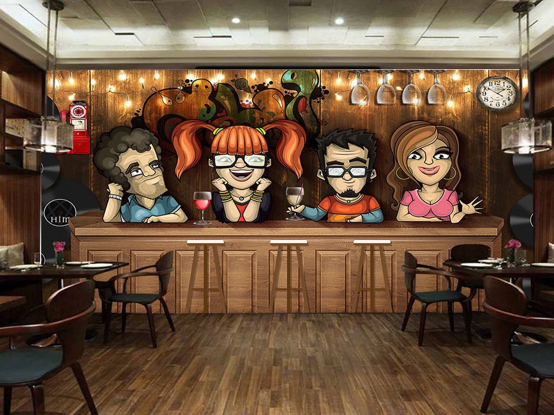 Wallpaper Illustration Cartoon People in A Bar Wall Art, Wall Mural - Etsy