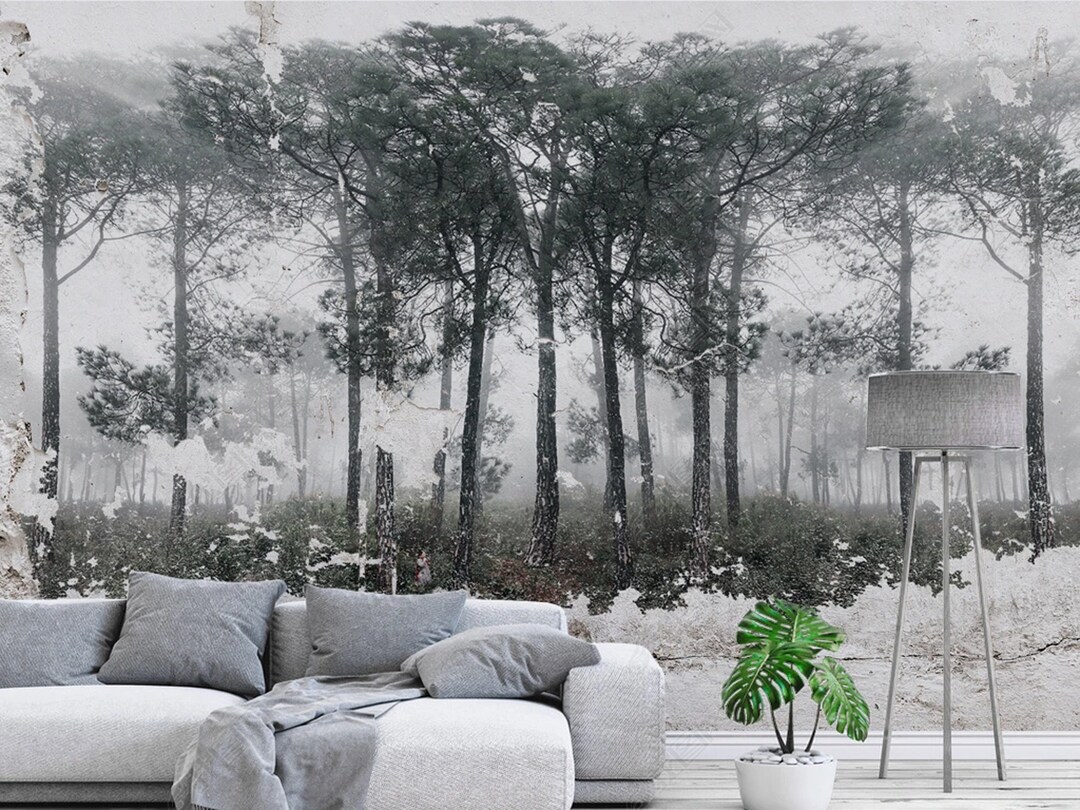 Nordic Forest Wallpaper, Retro Forest Wall Mural, Peel and Stick or ...