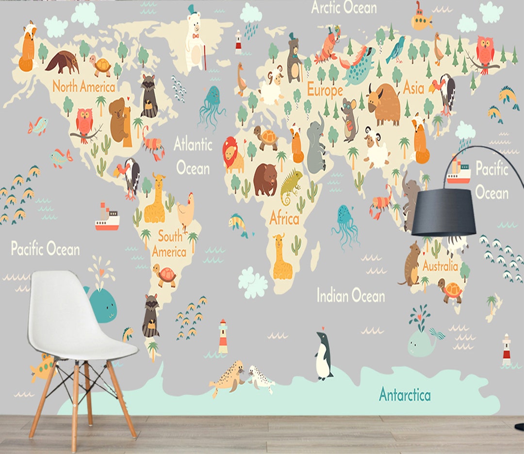 Educational World Map Wallpaper Mural, Peel and Stick Kids Wallpaper ...
