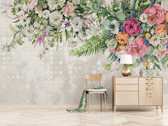 Hanging Flowers Wallpaper Flower Wall Mural Colorful Flowers - Etsy