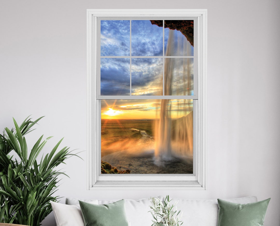 Waterfall at Sunset 3D Window Wall Decal, Waterfall Faux Window Wall ...