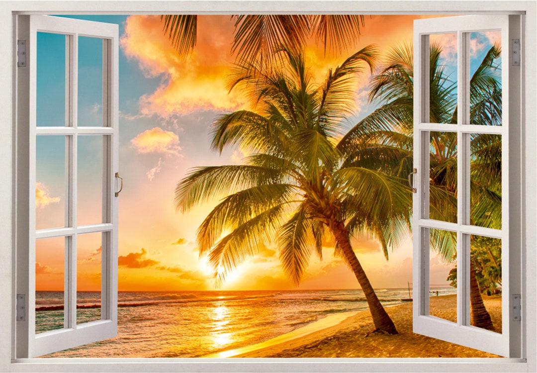 3D Window View Sunset and Seaside Landscape, Wall Mural, 3d Window Wall ...