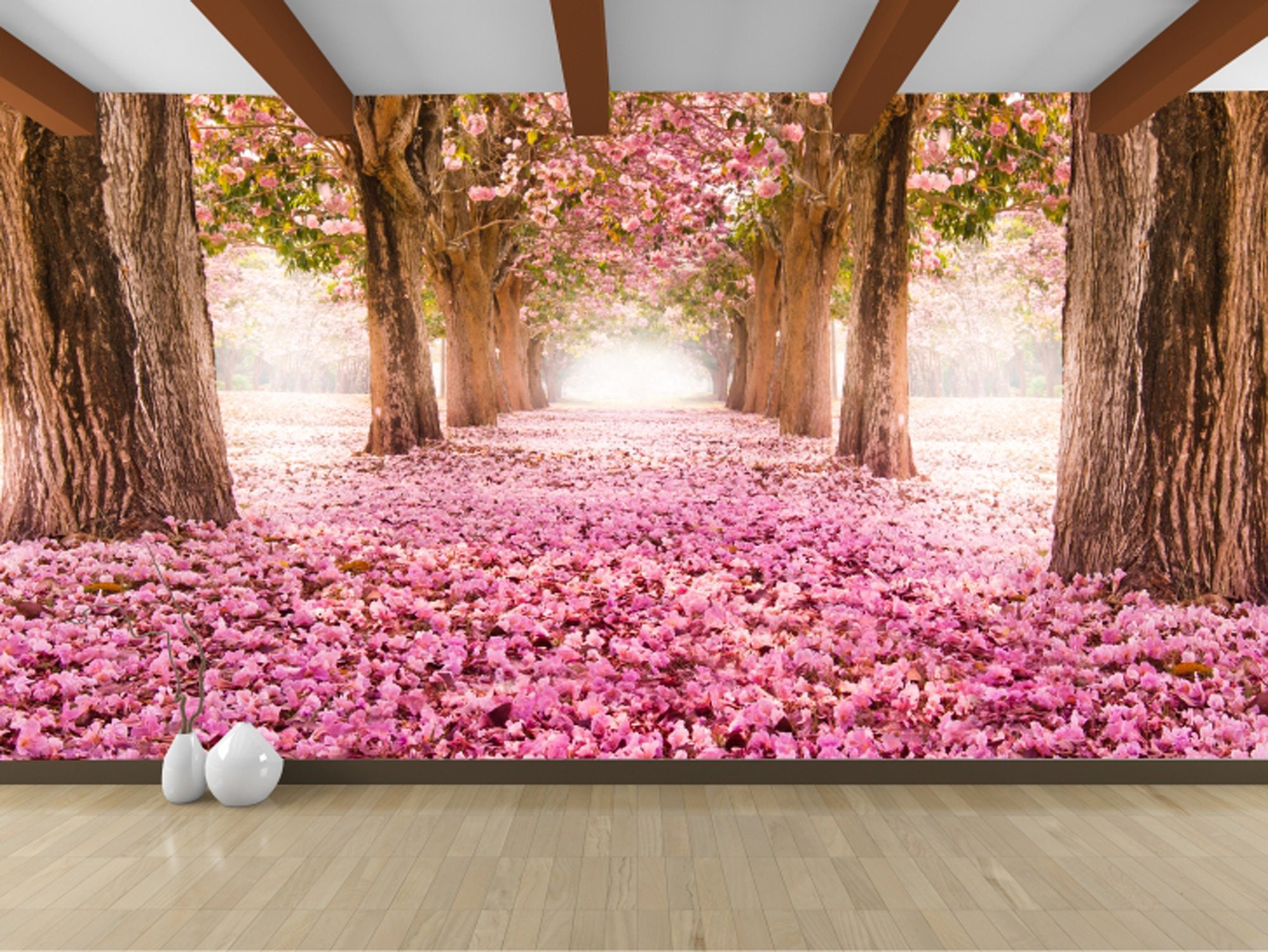 Wallpaper Pink Leafy Forest Path Landscape Wall Art Wall | Etsy