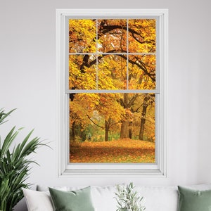 Autumn Leaves 3D Window Wall Decal, Autumn in Forest View Faux Window ...