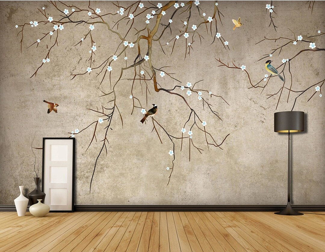 Chinoiserie Wallpaper, Chinoiserie Tree Branches and Sparrows Wallpaper ...