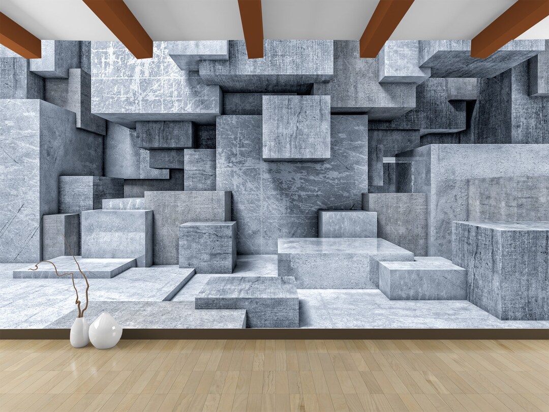 3D Cube Concrete Wallpaper Mural: Abstract Wall Art - Etsy