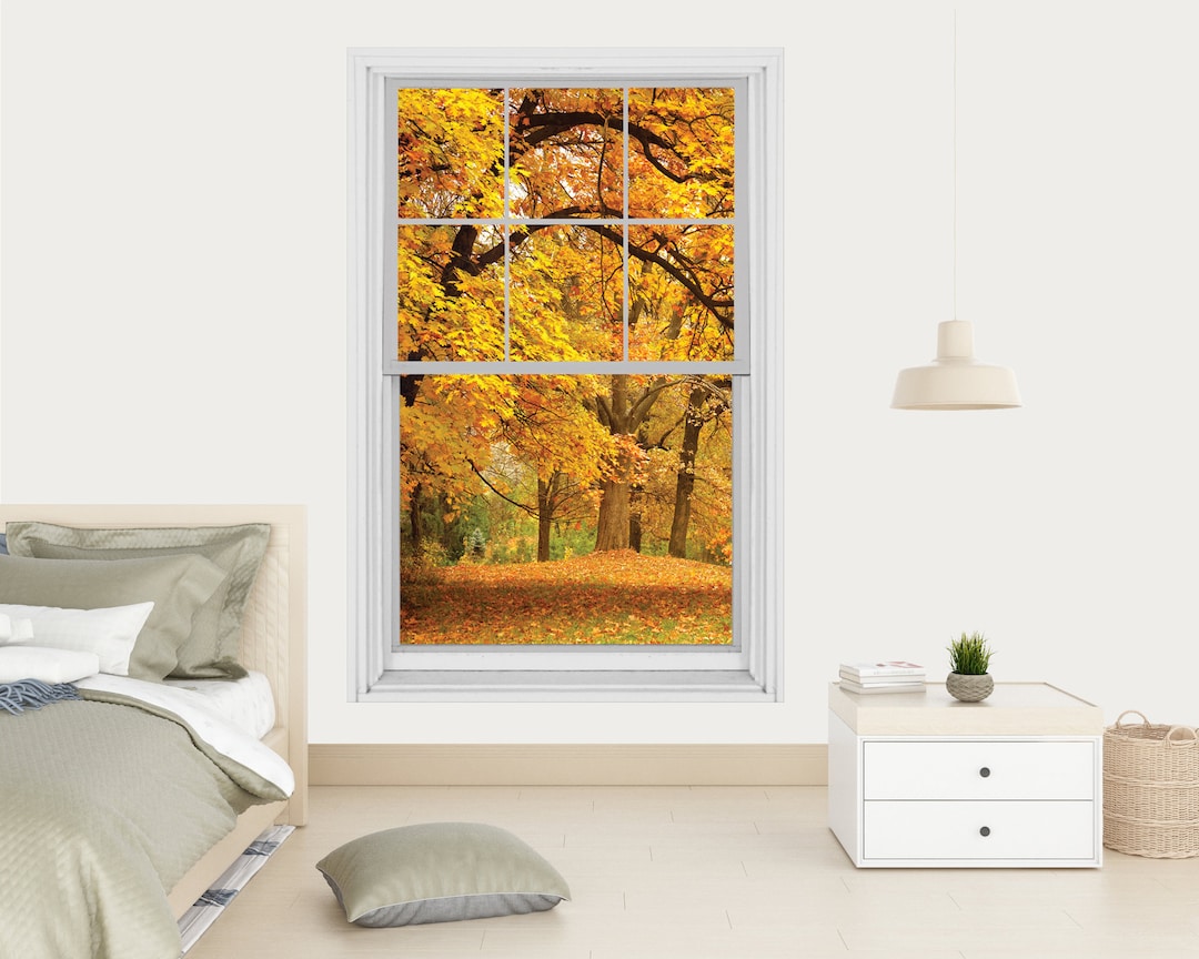 Autumn Leaves 3D Window Wall Decal, Autumn in Forest View Faux Window Wall Decal, 3D Window ...