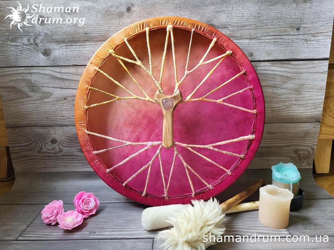 Handcrafted Pink Moon Shaman Drum - Tree of Life Handle - Powerful ...