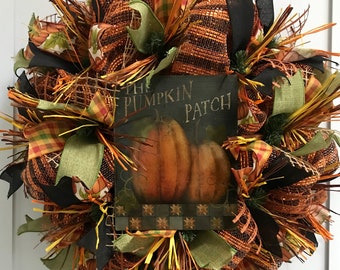 Fall Pumpkin Patch Wreath With Sunflowers and Mums, Buffalo Check Autumn Wreath, Outdoor Decor ...