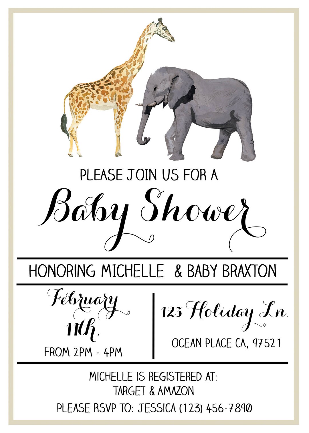 Giraffe and Elephant, Water Color, Gender Neutral Baby Shower ...