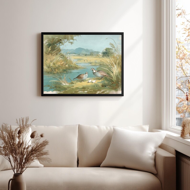 Vintage Bird Landscape Wall Art, Quail Family in A Marsh Painting ...
