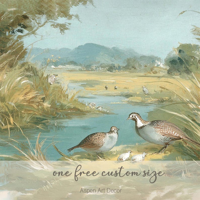 Vintage Bird Landscape Wall Art, Quail Family in A Marsh Painting ...