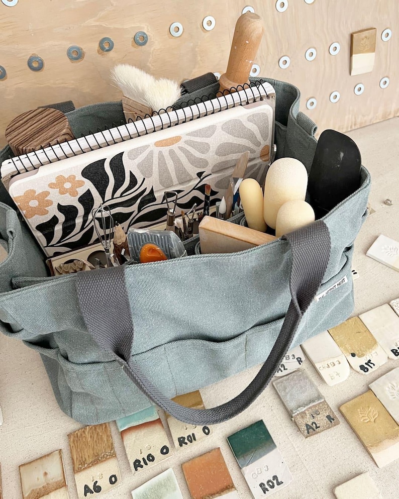 Pottery Tool Bag Plus Insert Tool Rack | Big Canvas Artist Tote | Green ...