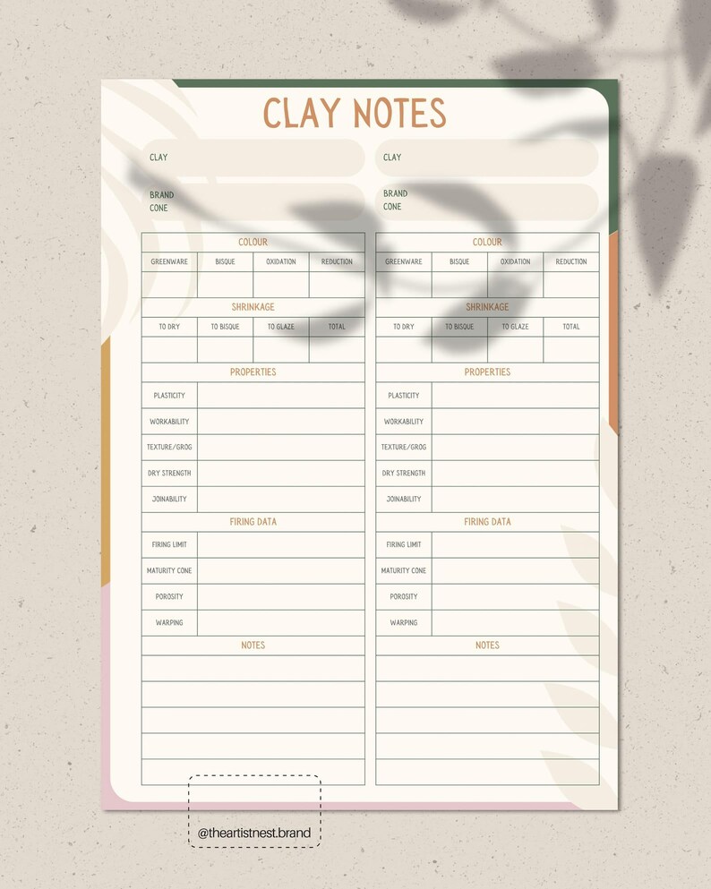 Pottery Clay Notes | Printable Ceramic Studio Log (PDF Download A4/A5 ...
