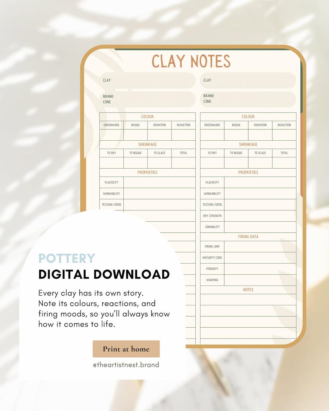 Pottery Clay Notes | Printable Ceramic Studio Log (PDF Download A4/A5 ...