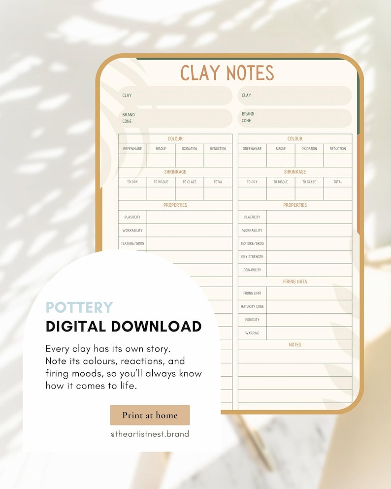 Pottery Clay Notes | Printable Ceramic Studio Log (PDF Download A4/A5 ...