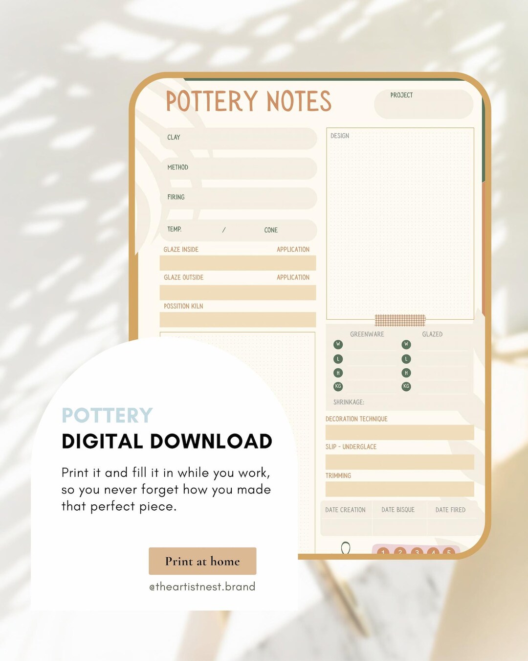 Pottery Project Notes | Ceramic Making Log | Printable Pottery Record ...