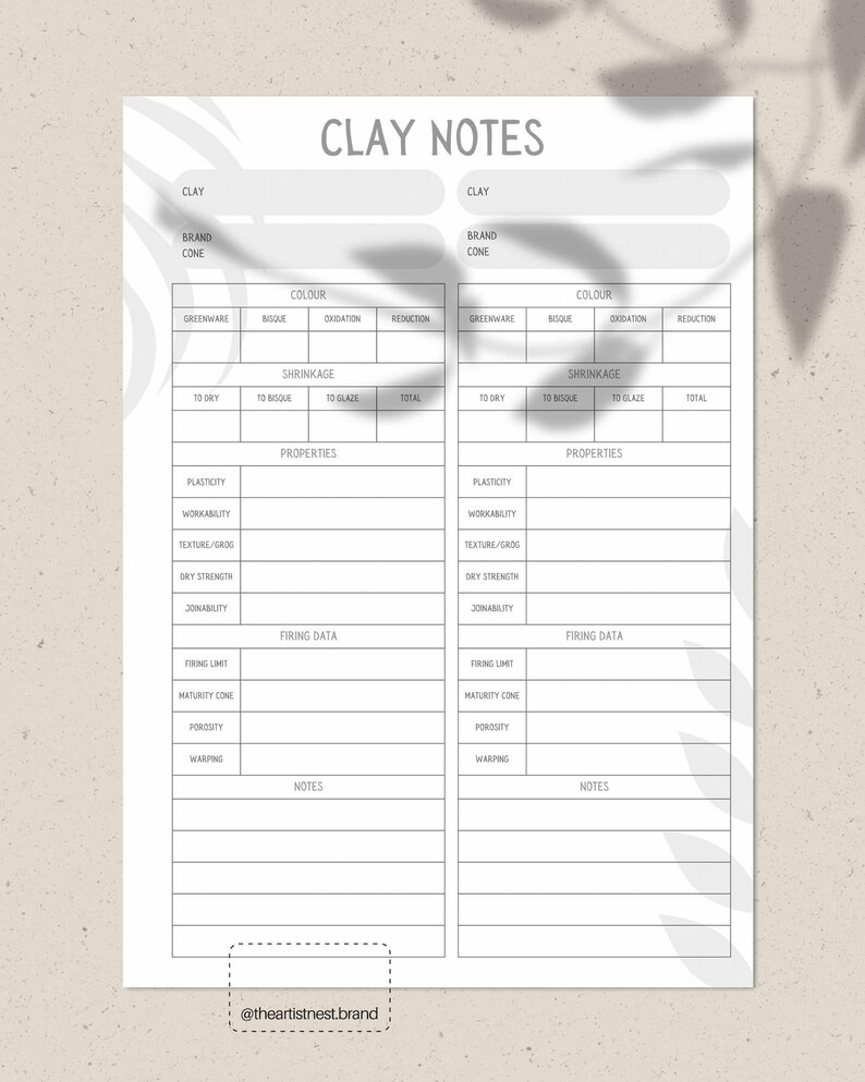 Pottery Clay Notes | Printable Ceramic Studio Log (PDF Download A4/A5 ...