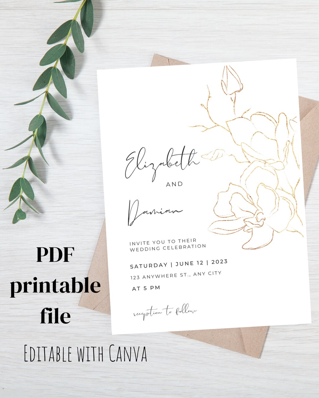 Elizabeth Gold White Wedding Invitation Template, Editable Wedding ...